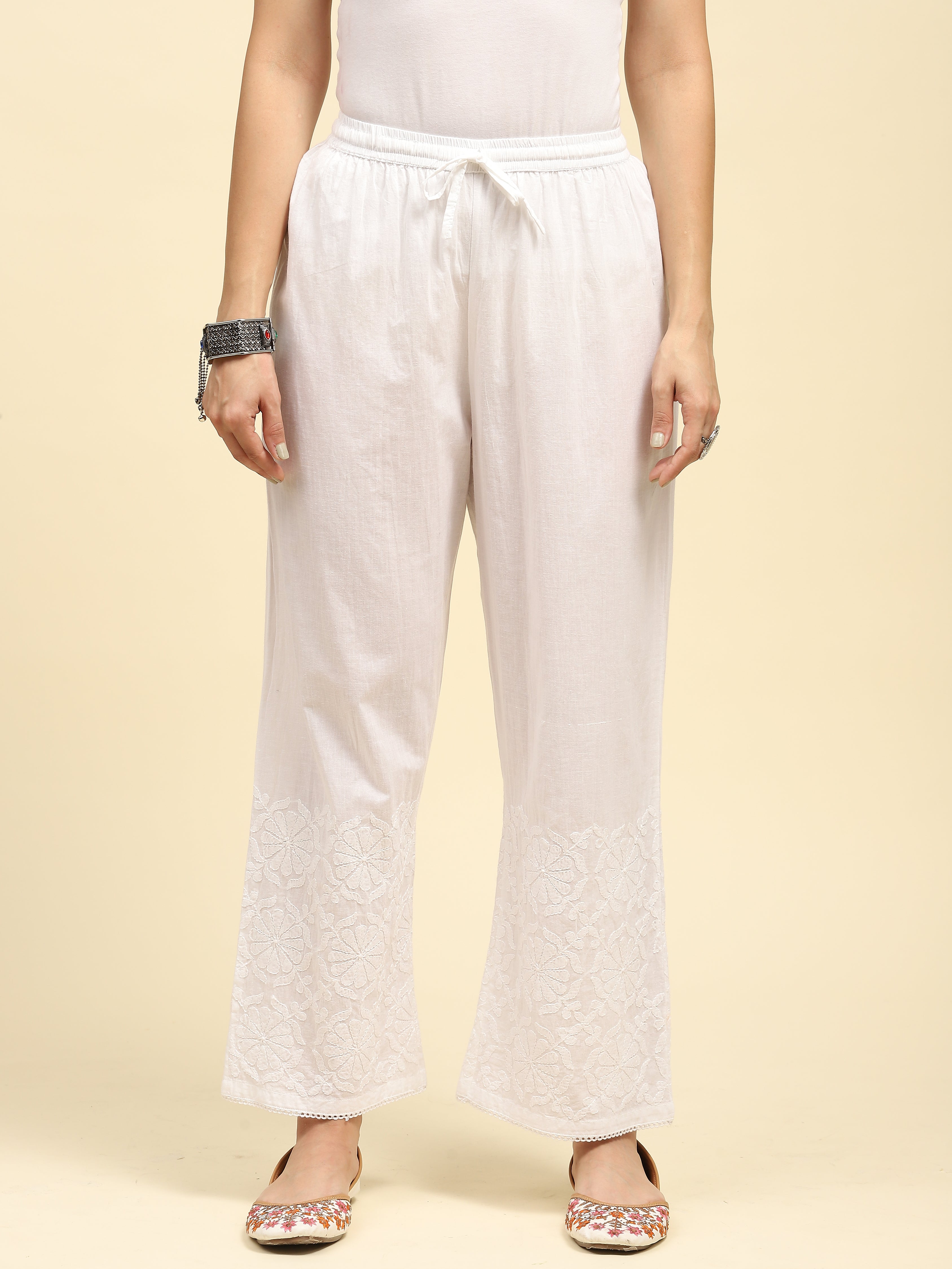 Cotton Chikankari Solid Women's Palazzo - White-House of Chikankari