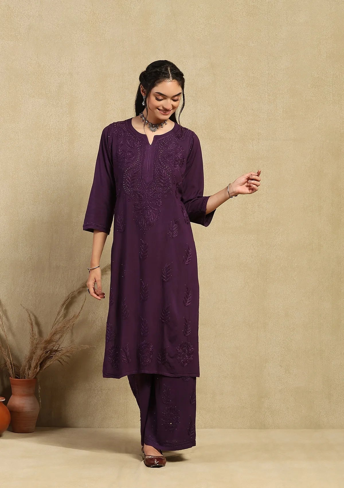 HOC Rayon Chikankari Mukaish Solid Women's 2PC Long Kurta Set -Dark Pu ...